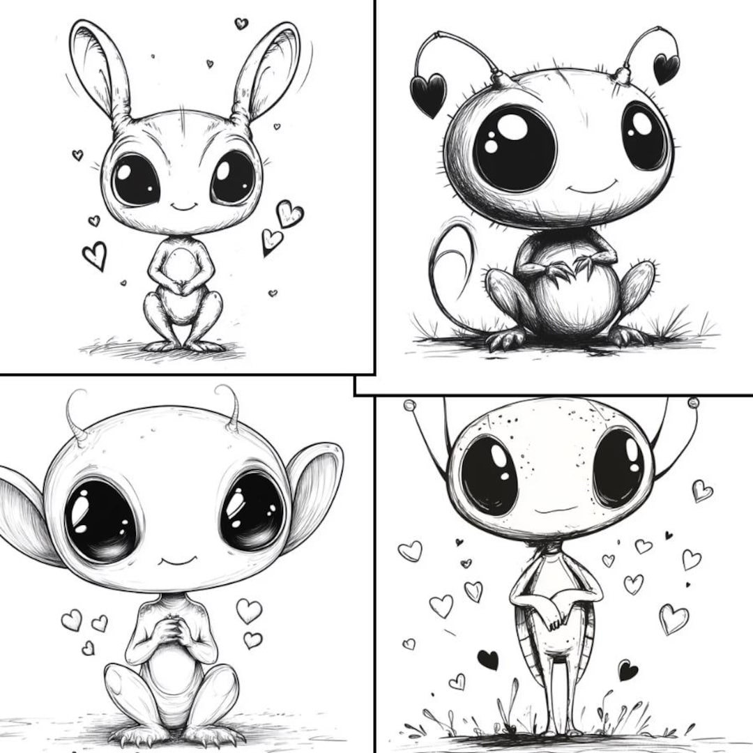 Cute Alien Valentine Creatures Digital Download 4-pack Coloring Pages ...