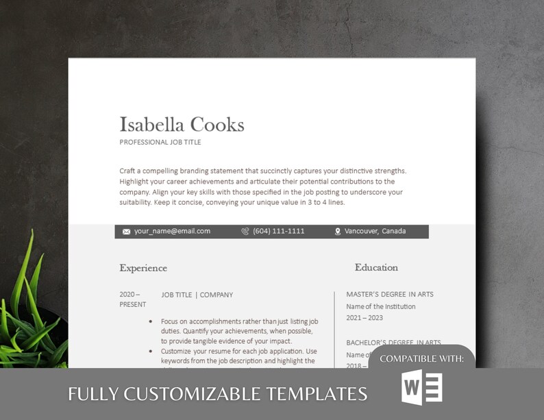 Professional Modern Resume Template for Microsoft Word and Google Docs, CV Template, Cover ...