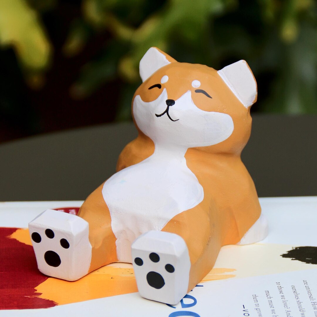 Shiba Dog - Wooden Statue Shiba Dog Phone Stand Hand-painted Wooden Pet ...