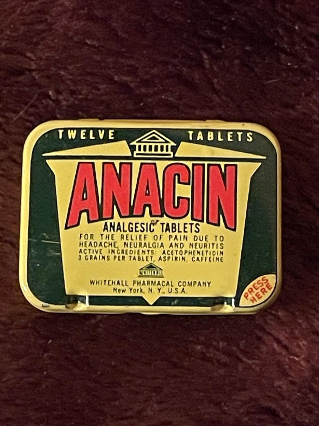Vintage Anacin Tablet Tin Whitehall Pharmacal Co. USA Retro Medicine ...