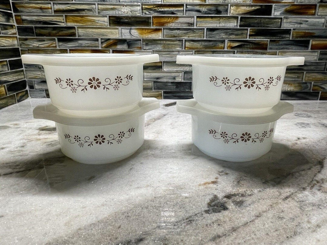 Vintage Dynaware Pyr-o-rey Brown Daisy Small Crock Milk Glass Casserole ...