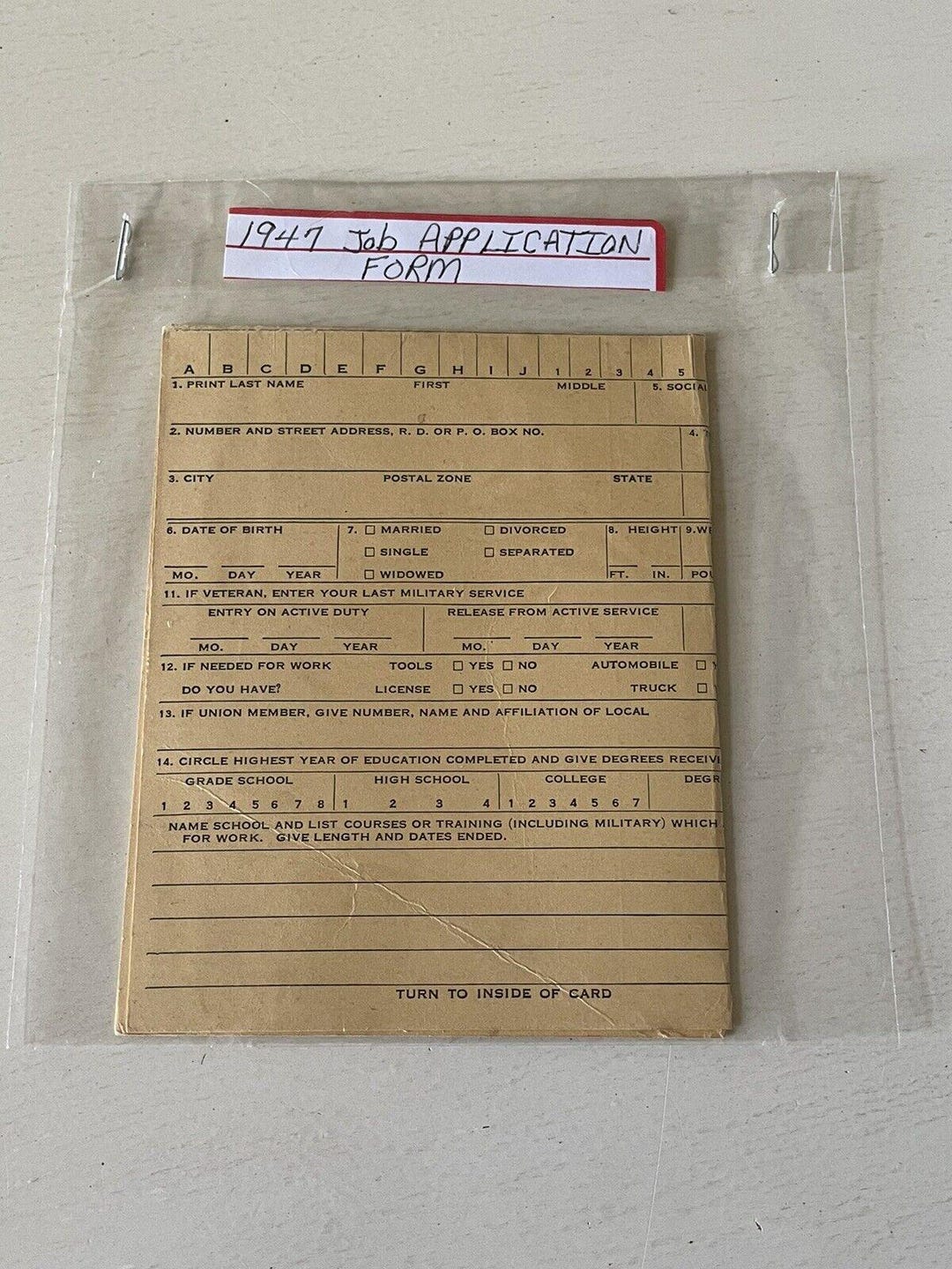 Vintage 1947 Job Application Form Card Blank Rare - Etsy