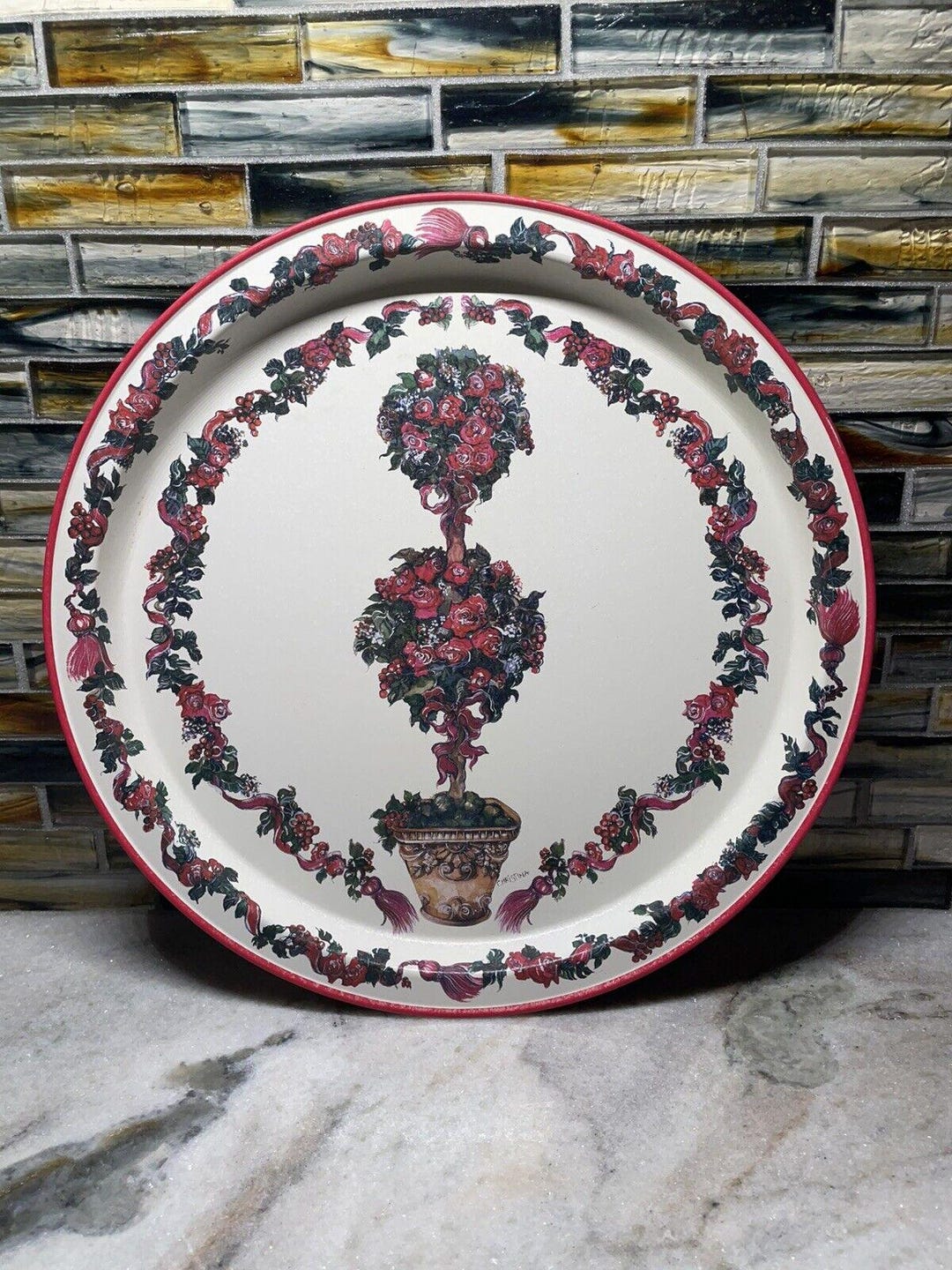 1990 Potpourri Press Tin Tray Floral Topiary Serving Signed Christmas ...