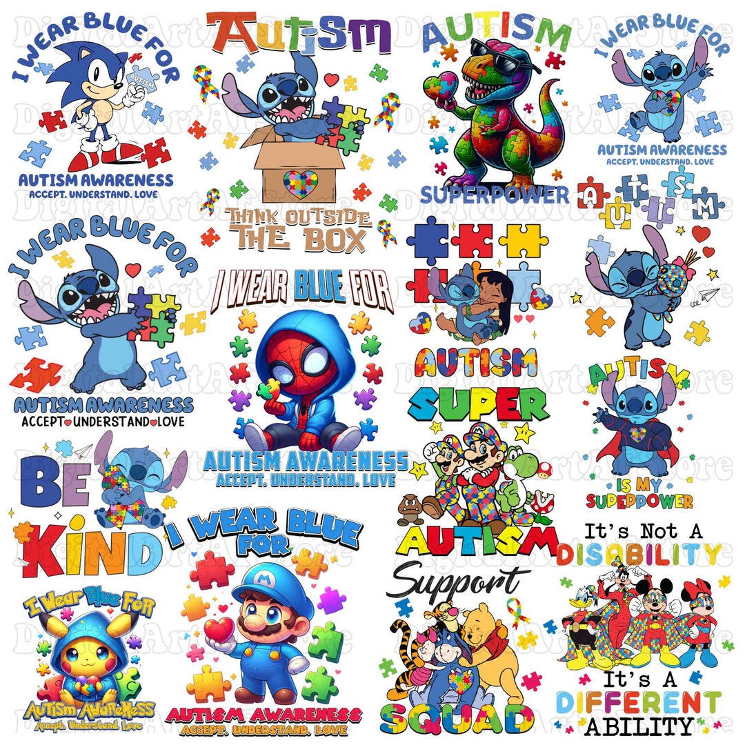 Autism Cartoon PNG Bundle, Mouse And Friends Autism Awareness Png, Be ...