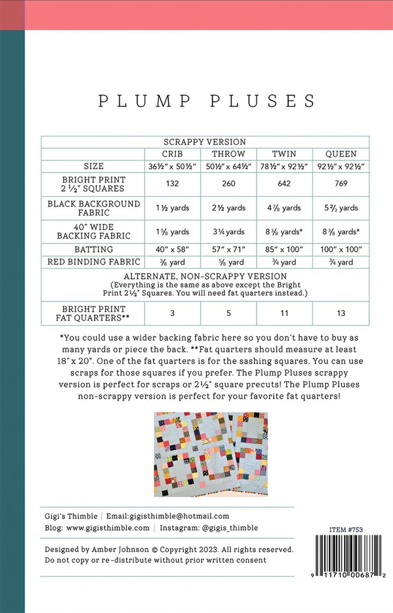 Plump Pluses Quilt Pattern From Gigi's Thimble by Johnson, Amber - Etsy