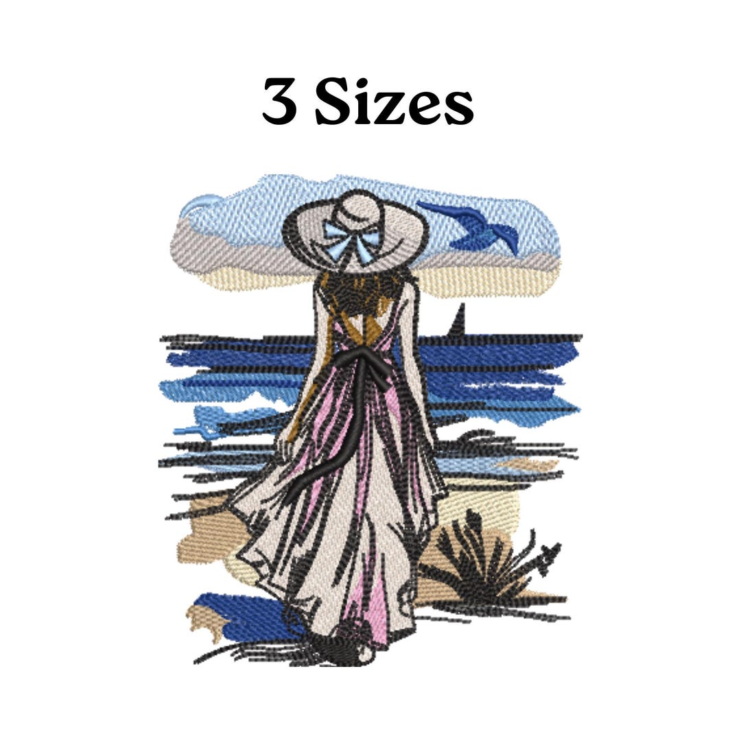 Girl on the Beach Machine Embroidery Design, Woman on Sand Embroidery ...