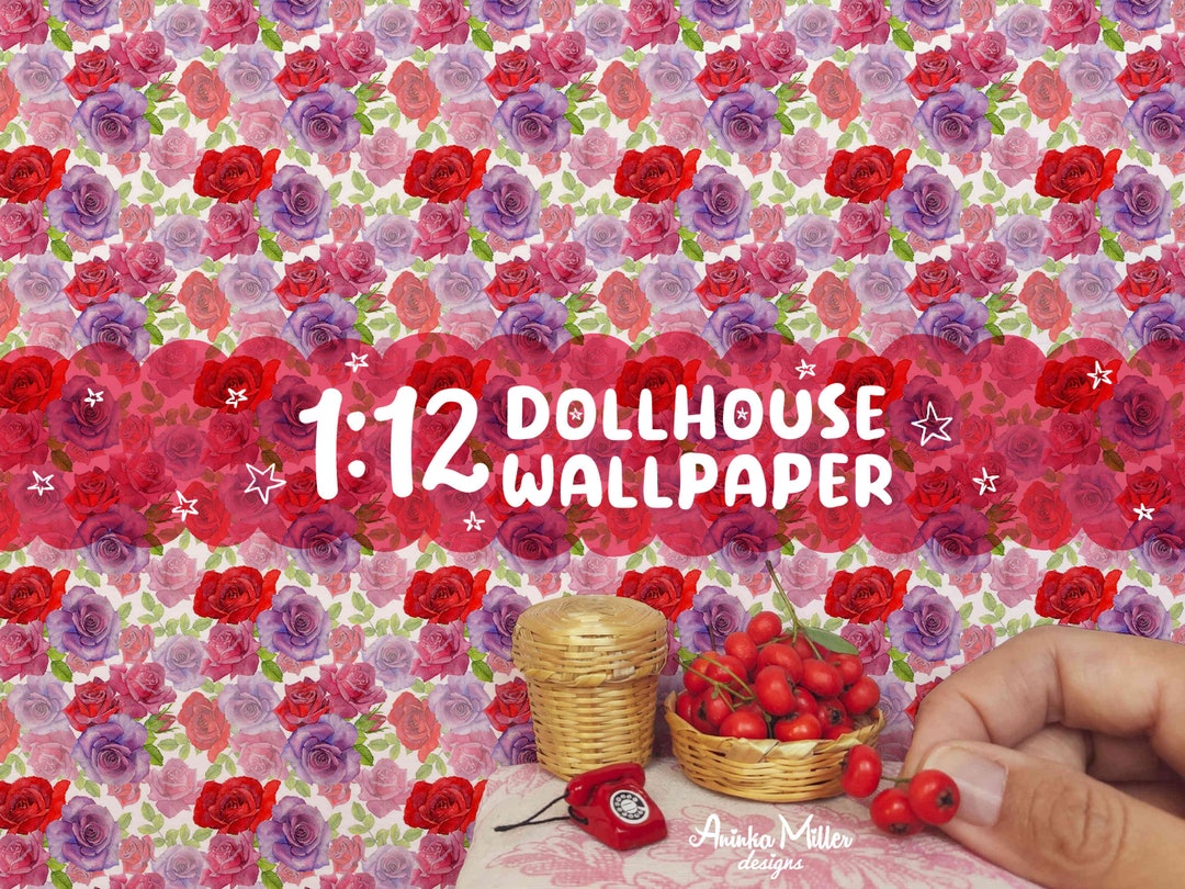 1:12 Scale Watercolor Roses Miniature Dollhouse Wallpaper, Printable ...