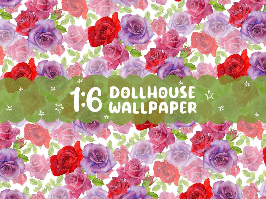 1:6 Scale Watercolor Roses Miniature Dollhouse Wallpaper, Printable ...