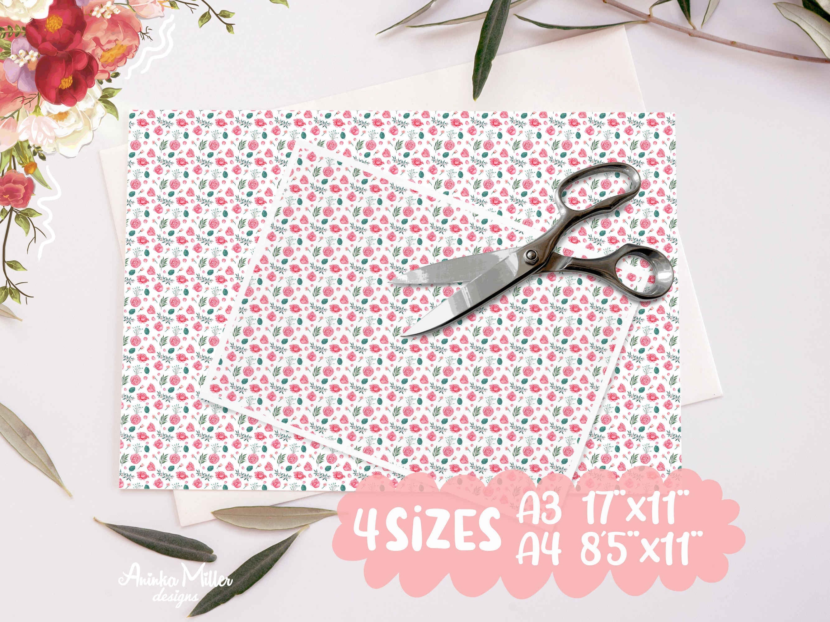 1:12 Scale Miniature Dollhouse Wallpaper With Pink Roses, Printable ...