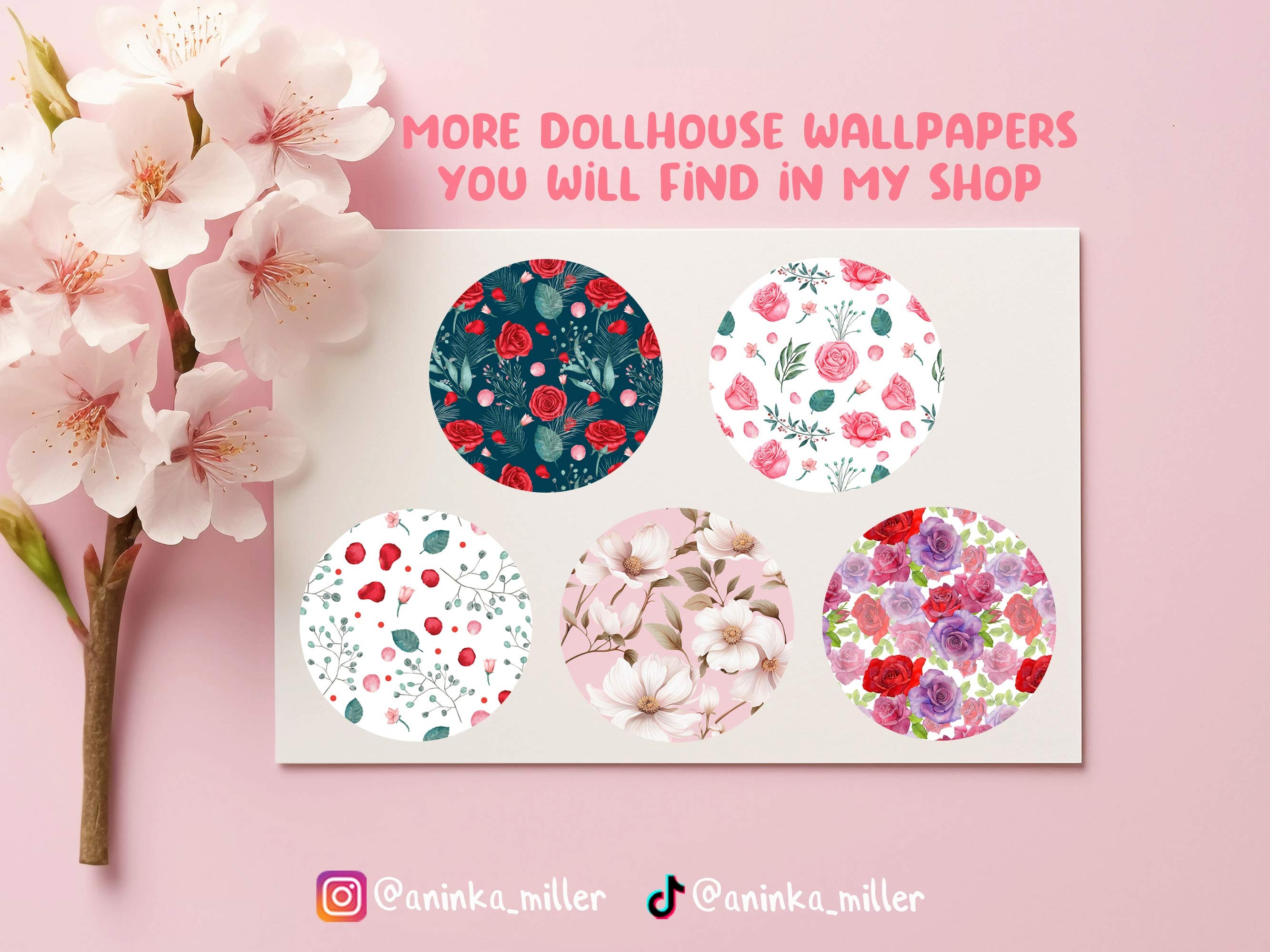 1:12 Scale Miniature Dollhouse Wallpaper With Pink Roses, Printable ...