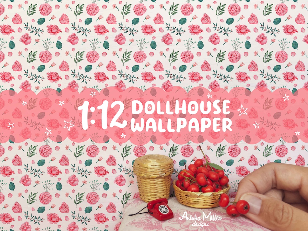 1:12 Scale Miniature Dollhouse Wallpaper With Pink Roses, Printable ...