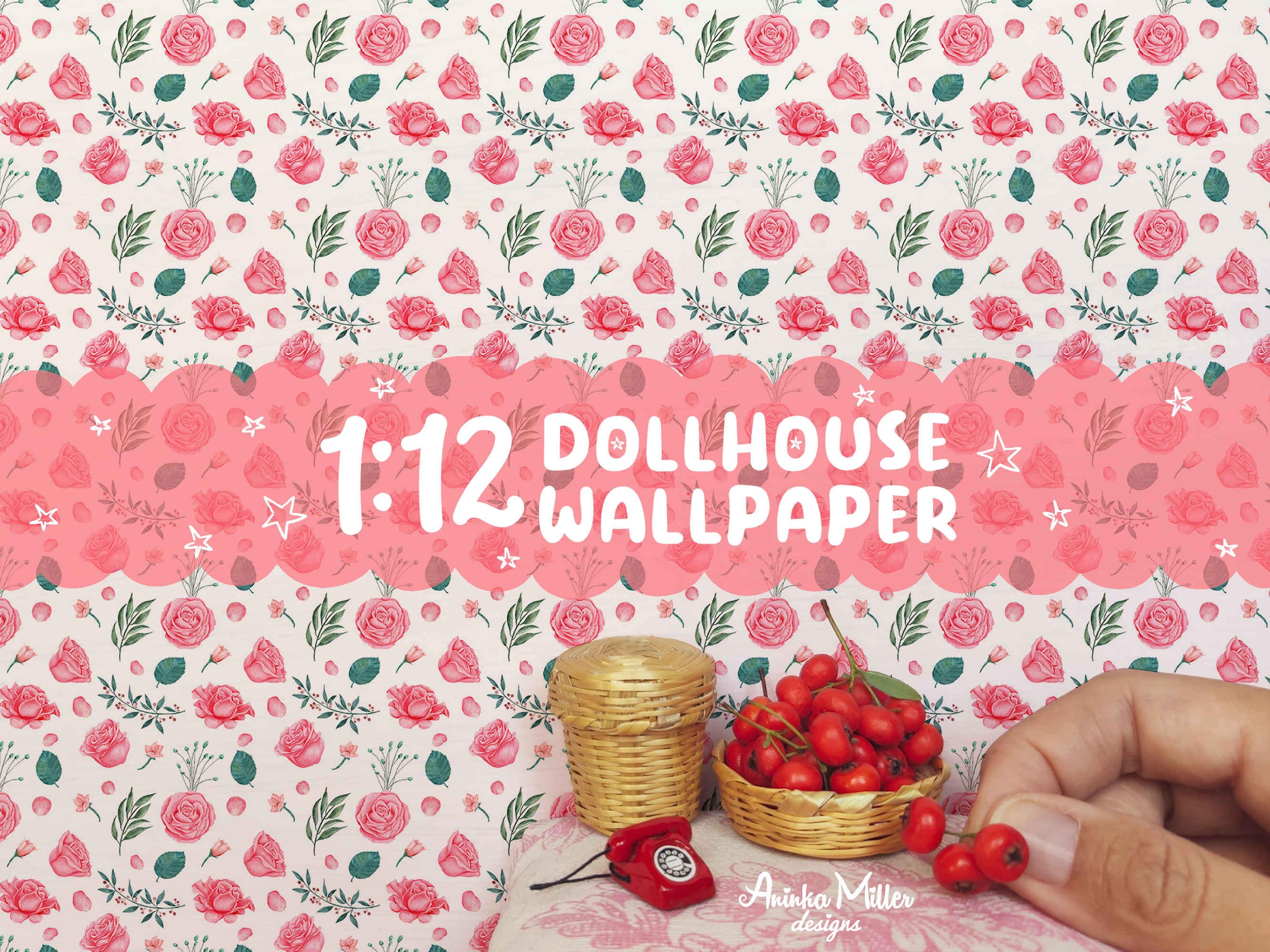 1:12 Scale Miniature Dollhouse Wallpaper With Pink Roses, Printable ...