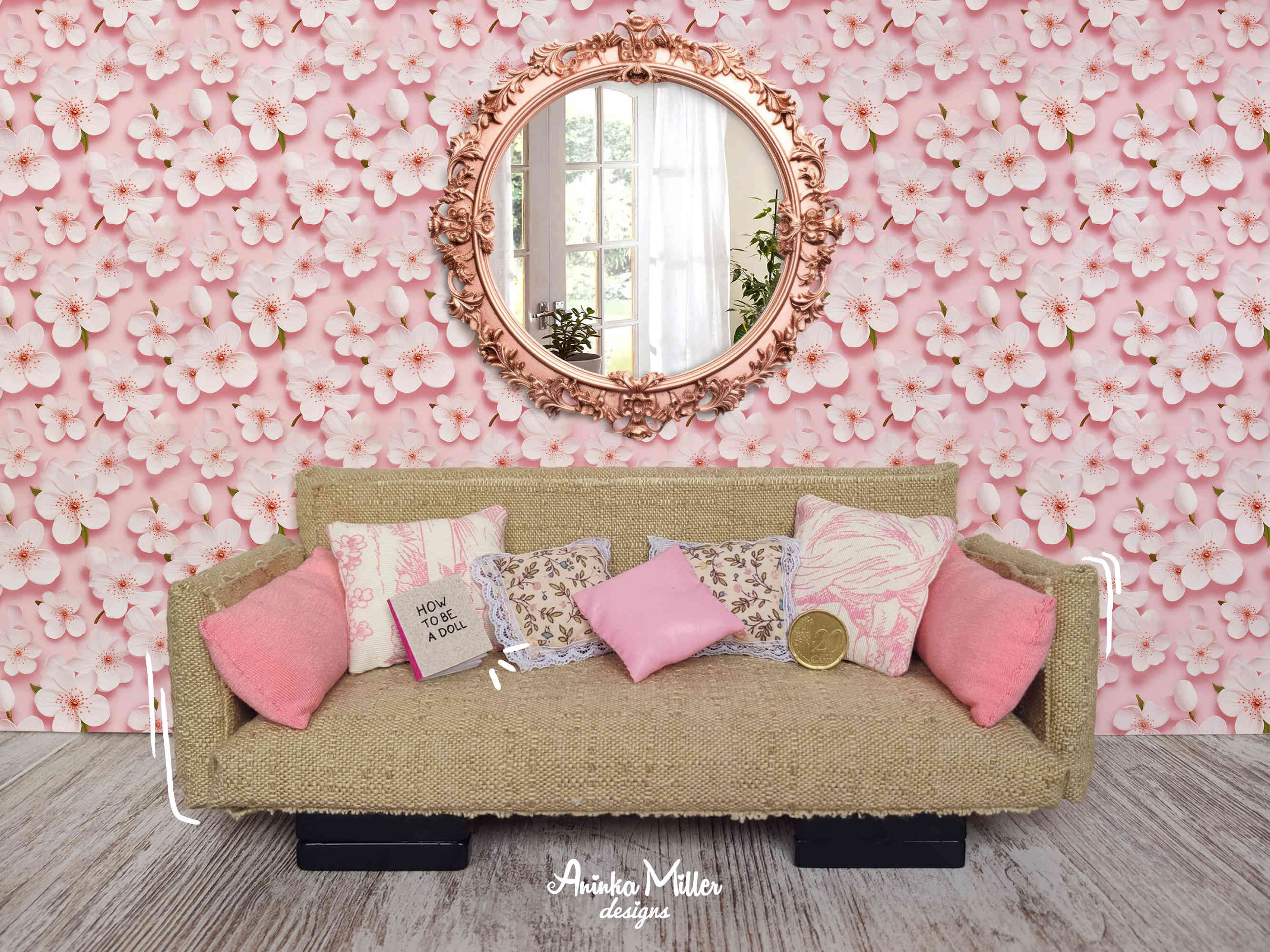 Light Pink Floral 1:6 Scale Miniature Dollhouse Wallpaper, Diorama ...