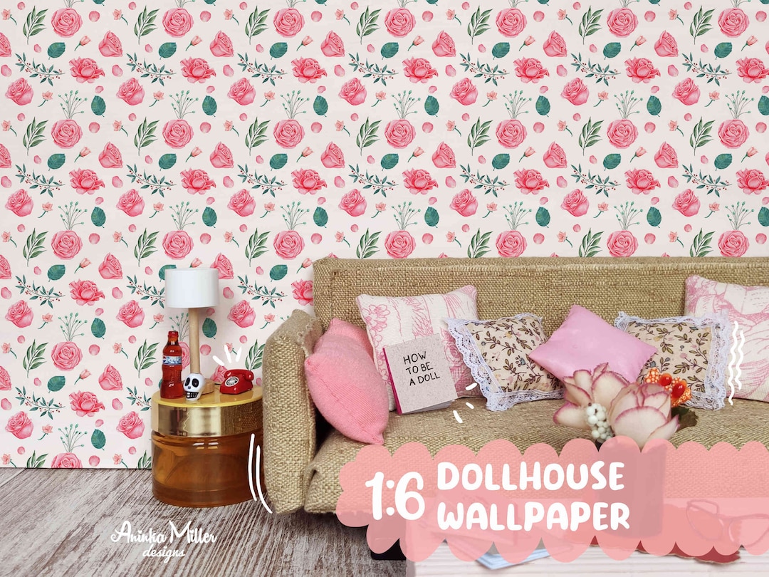 1:6 Scale Miniature Dollhouse Wallpaper With Pink Roses, Printable ...