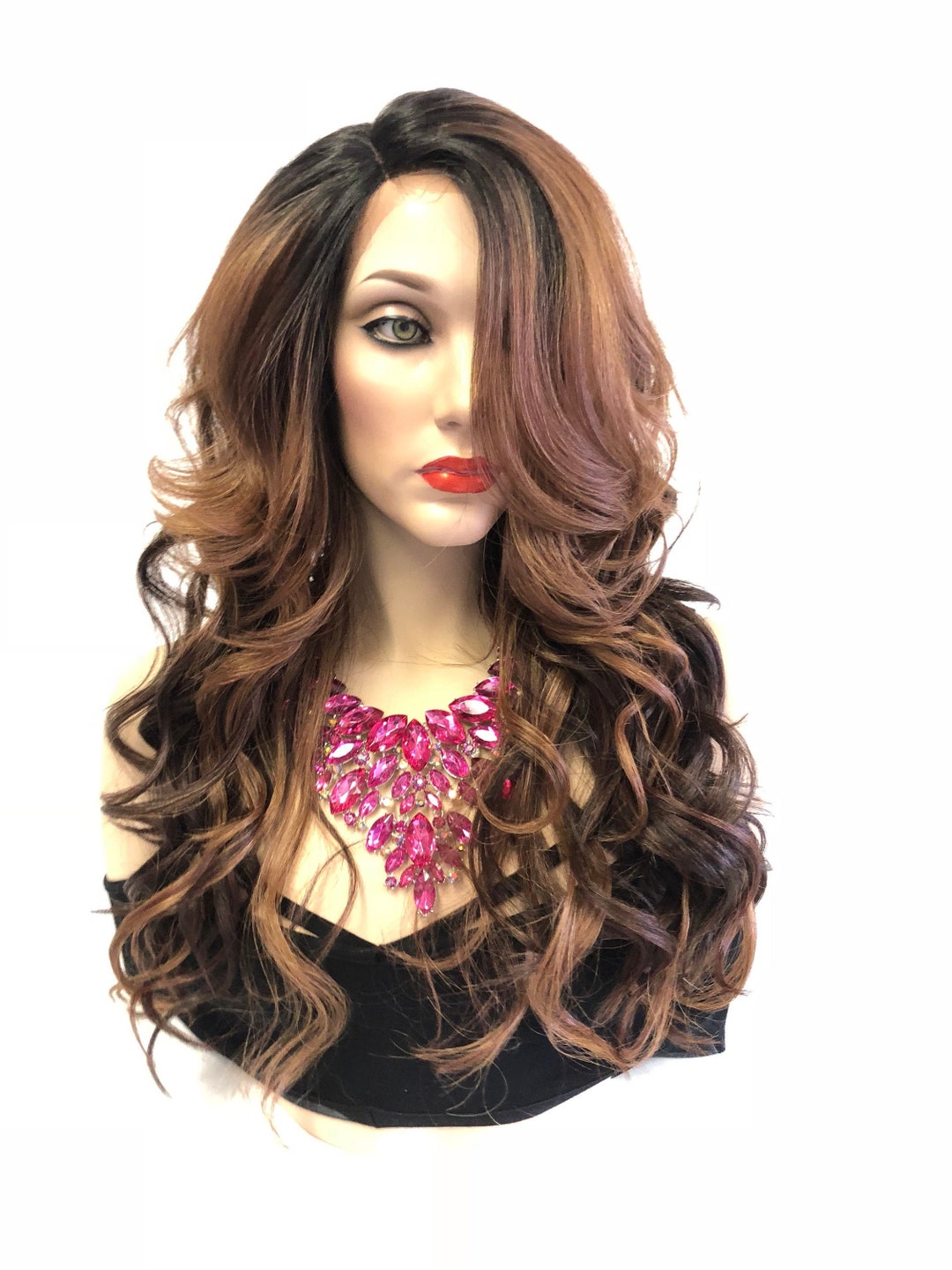 Balayage Brown Hair Lace Front Wig | Volume Curly Layere Hair + Bangs ...