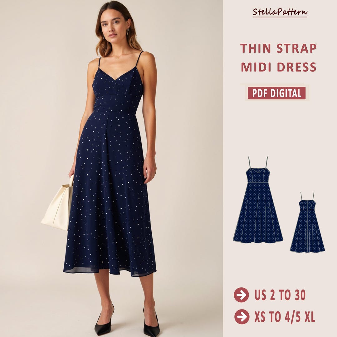 Thin Stap Midi Dress Sewing Pattern, Circle Dress, Sundress Pattern ...