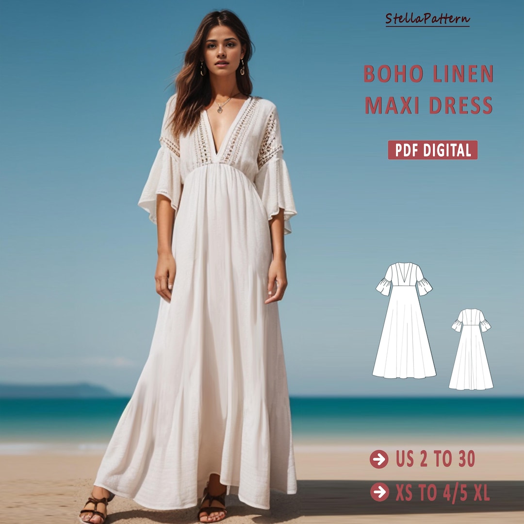 Women Boho Maxi Dress, Victorian Renaissance Dress Sewing Pattern ...