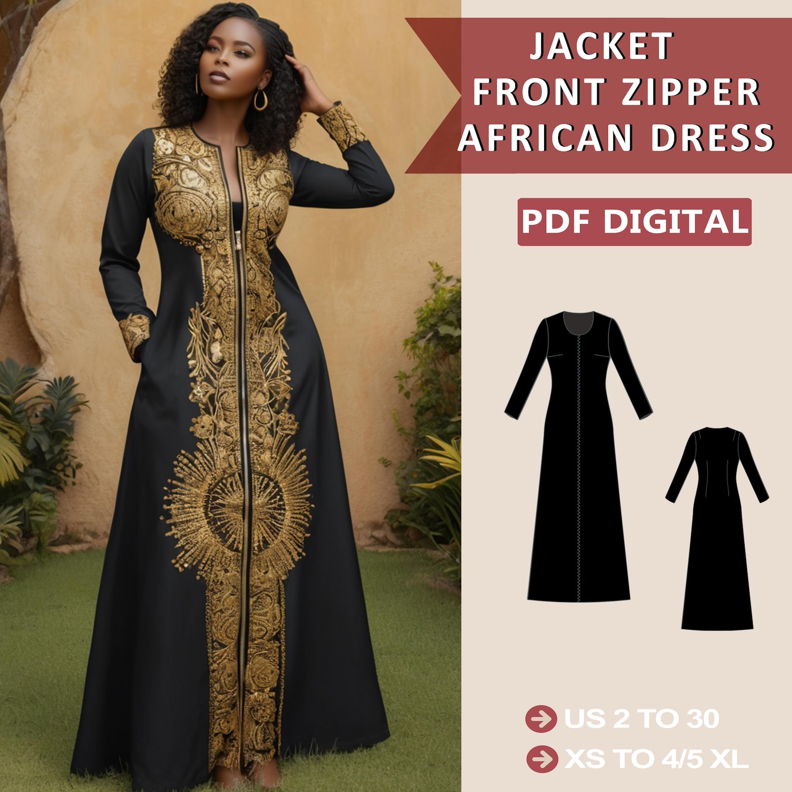 African Jacket Dress Sewing Pattern, Front Zipper Dress, Traditional ...