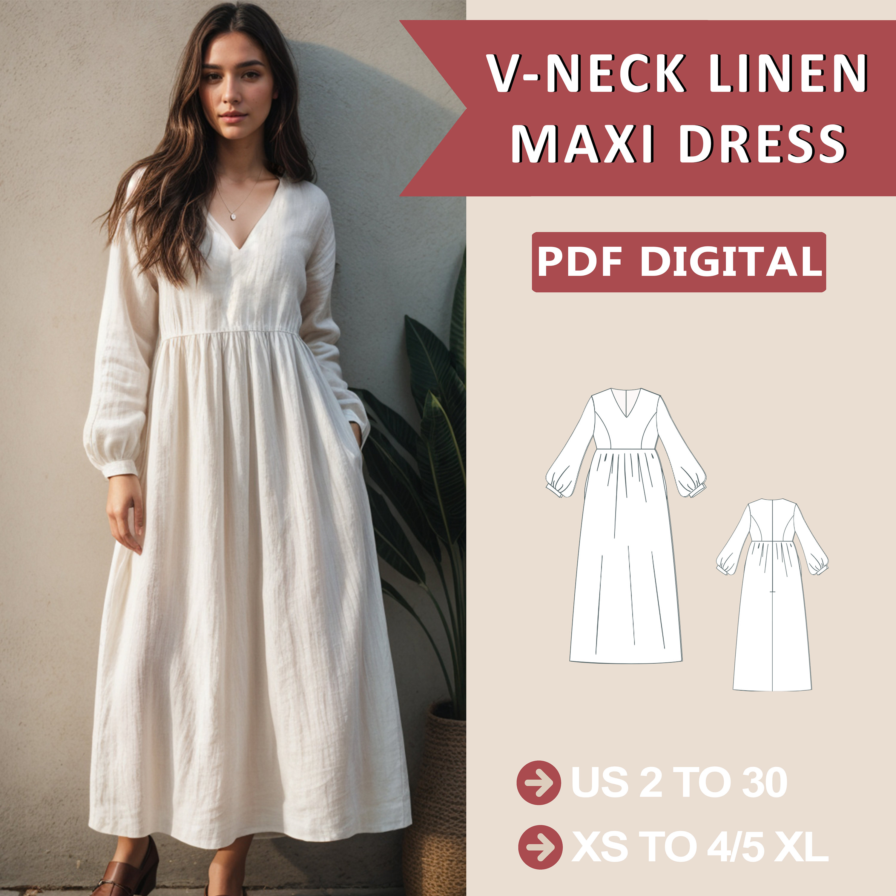 Linen Maxi Dress Sewing Pattern, V-neck Puff Sleeve (digital Download ...