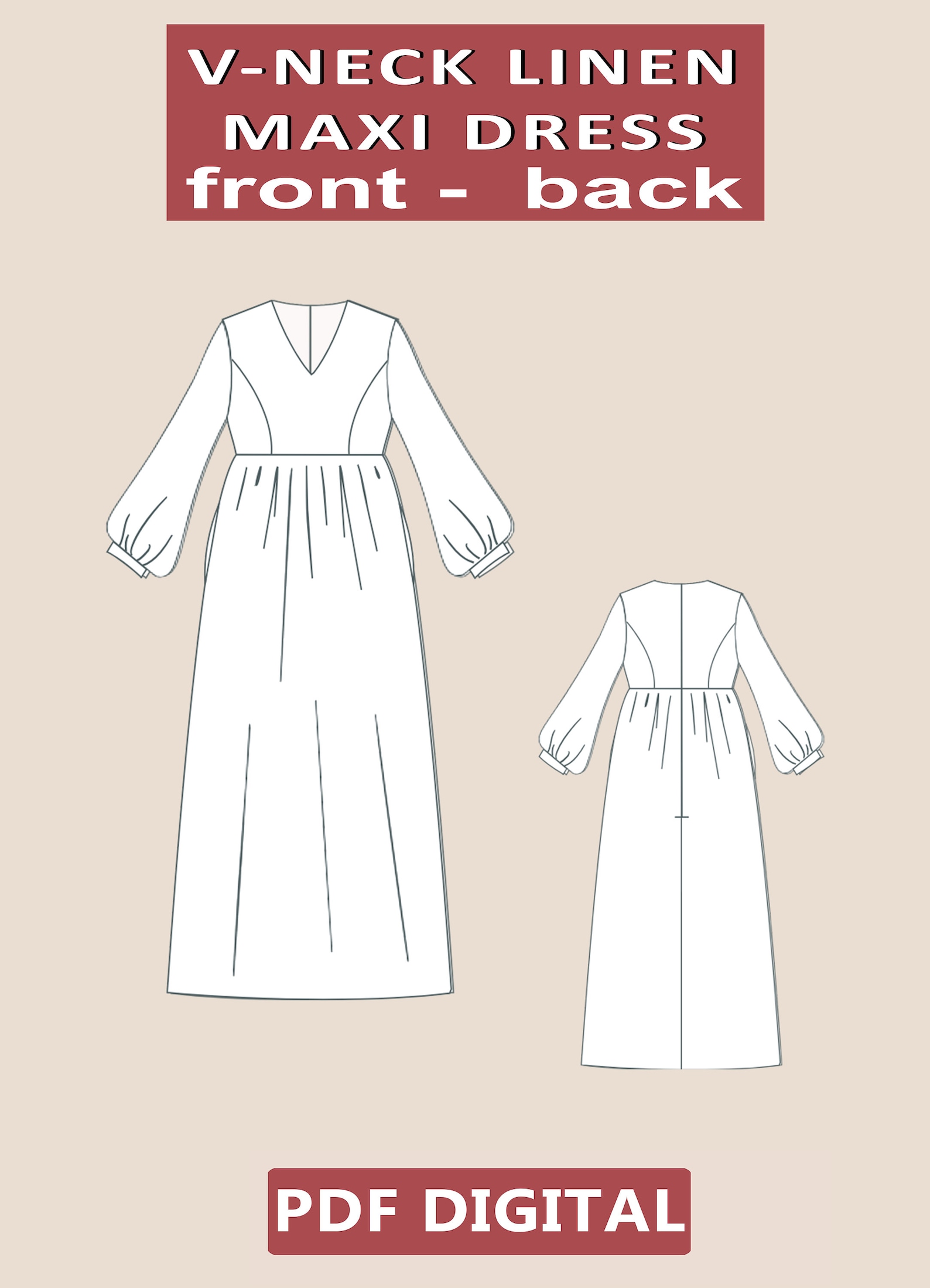 Linen Maxi Dress Sewing Pattern, V-neck Puff Sleeve (digital Download ...