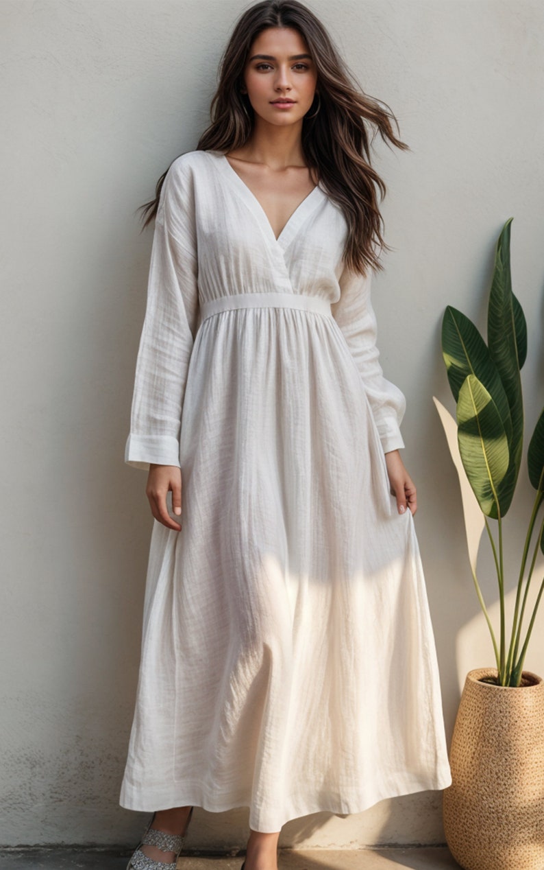 Long Sleeve Linen Maxi Dress, Linen Gathered Summer Dress Sewing ...