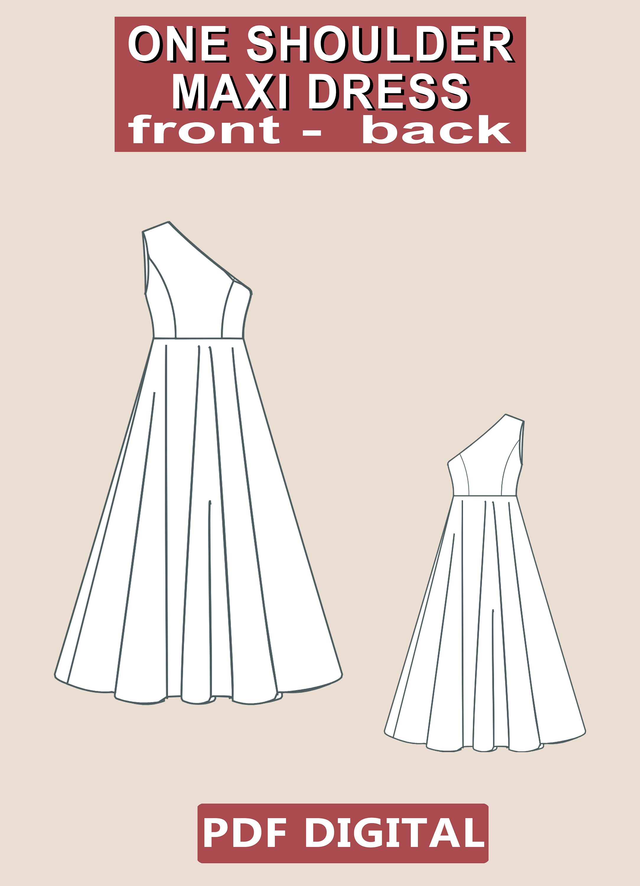 One Shoulder Maxi Dress Sewing Pattern | Slit Evening Gown (PDF Pattern ...