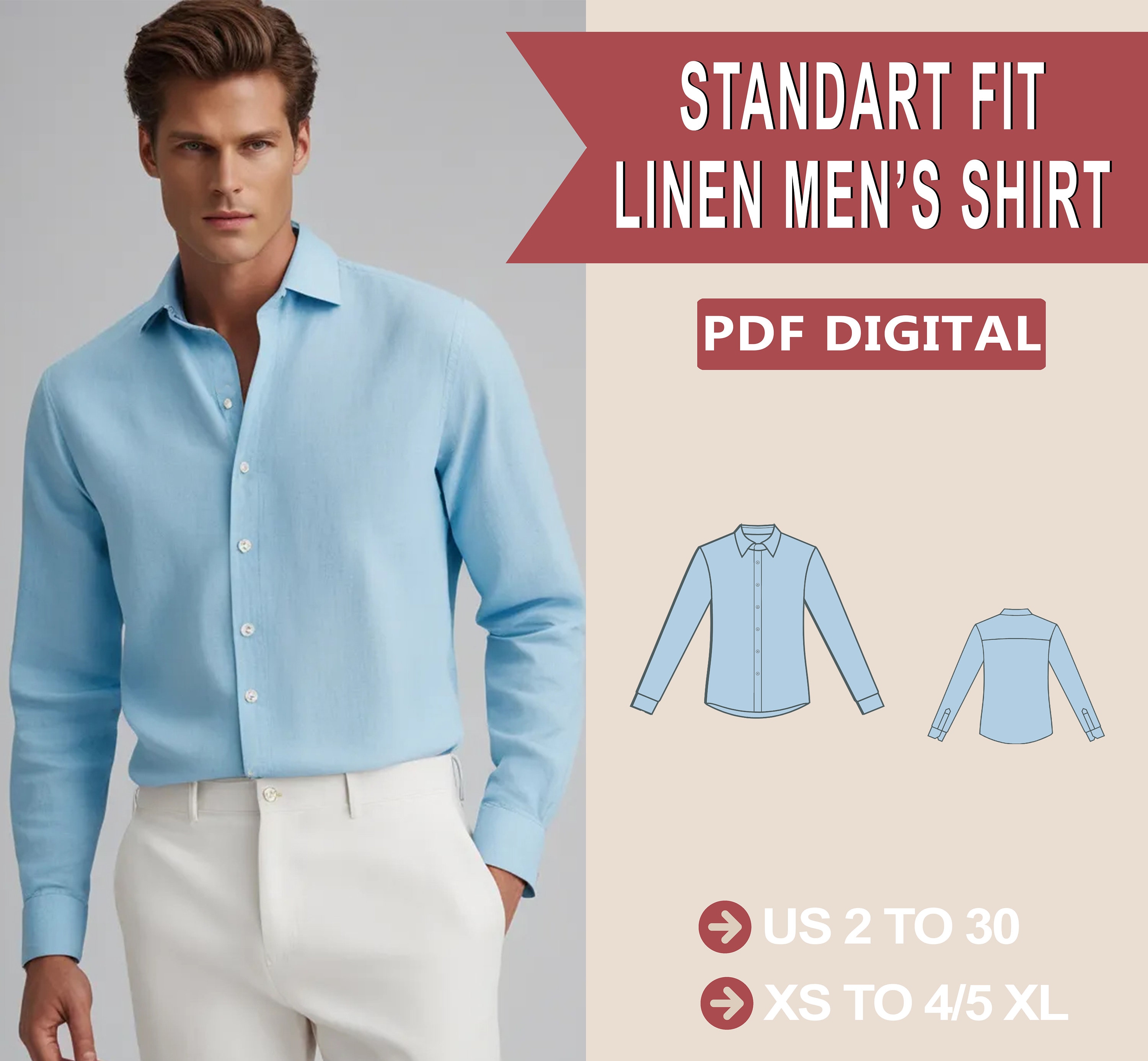 Standart Fit Linen Shirt Sewing Pattern, Shirt Pattern for Men, Button ...