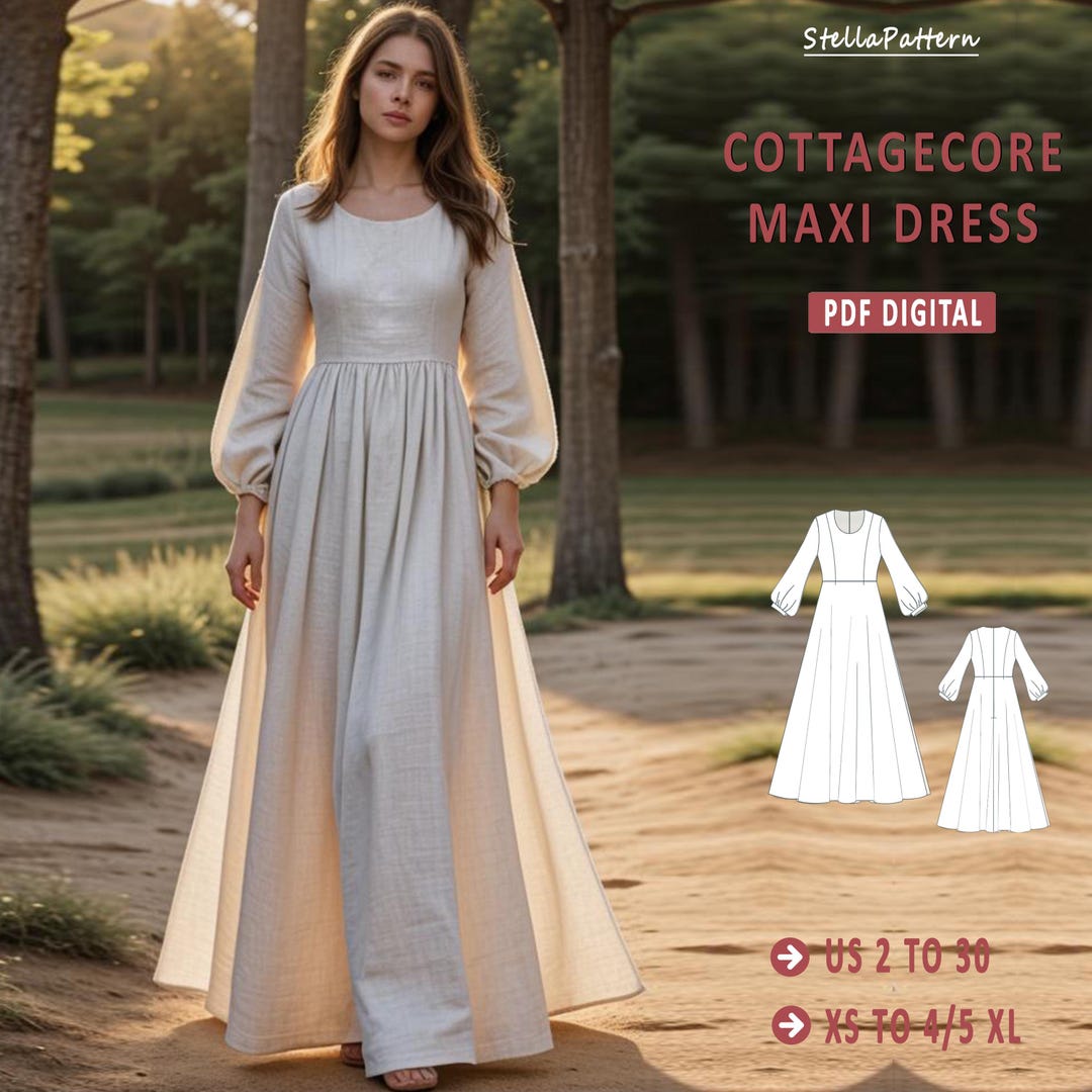 Fairy Cottagecore Dress Sewing Pattern, Linen Maxi Gathered Dress ...