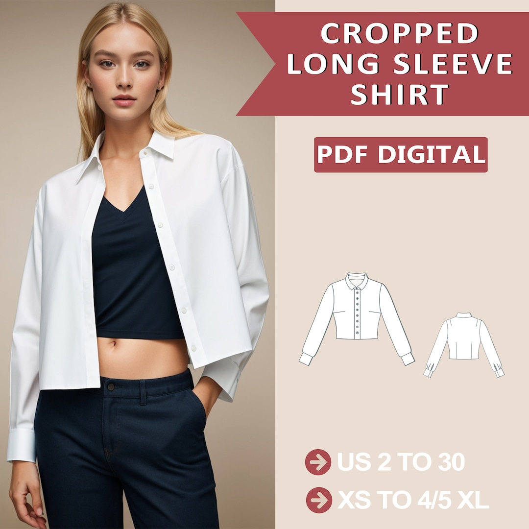 Cropped Long Sleeve Shirt Sewing Pattern, Simple Crop Top, Basic Crop ...