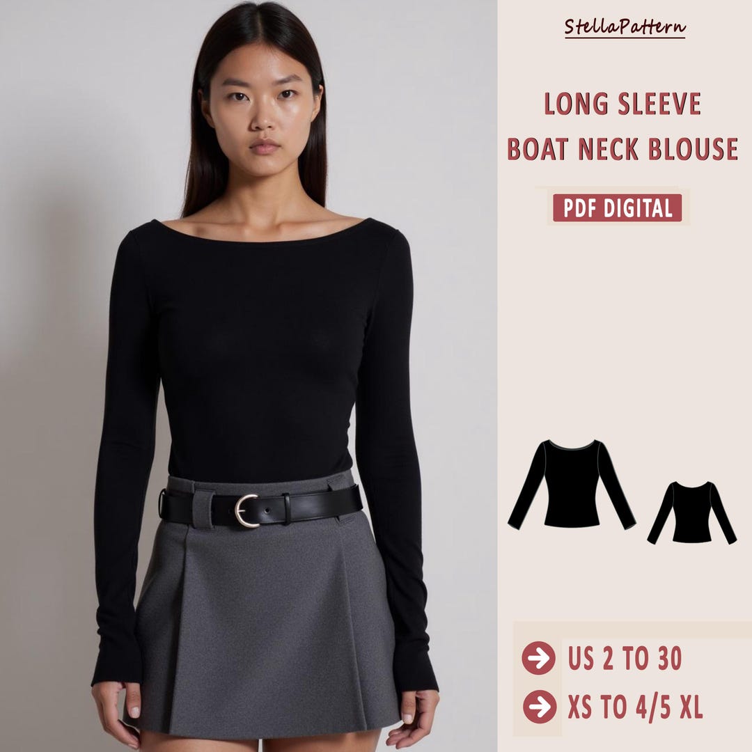 Boat Neck Long Sleeve T-shirt Sewing Pattern | Women’s Fitted Knit Top ...