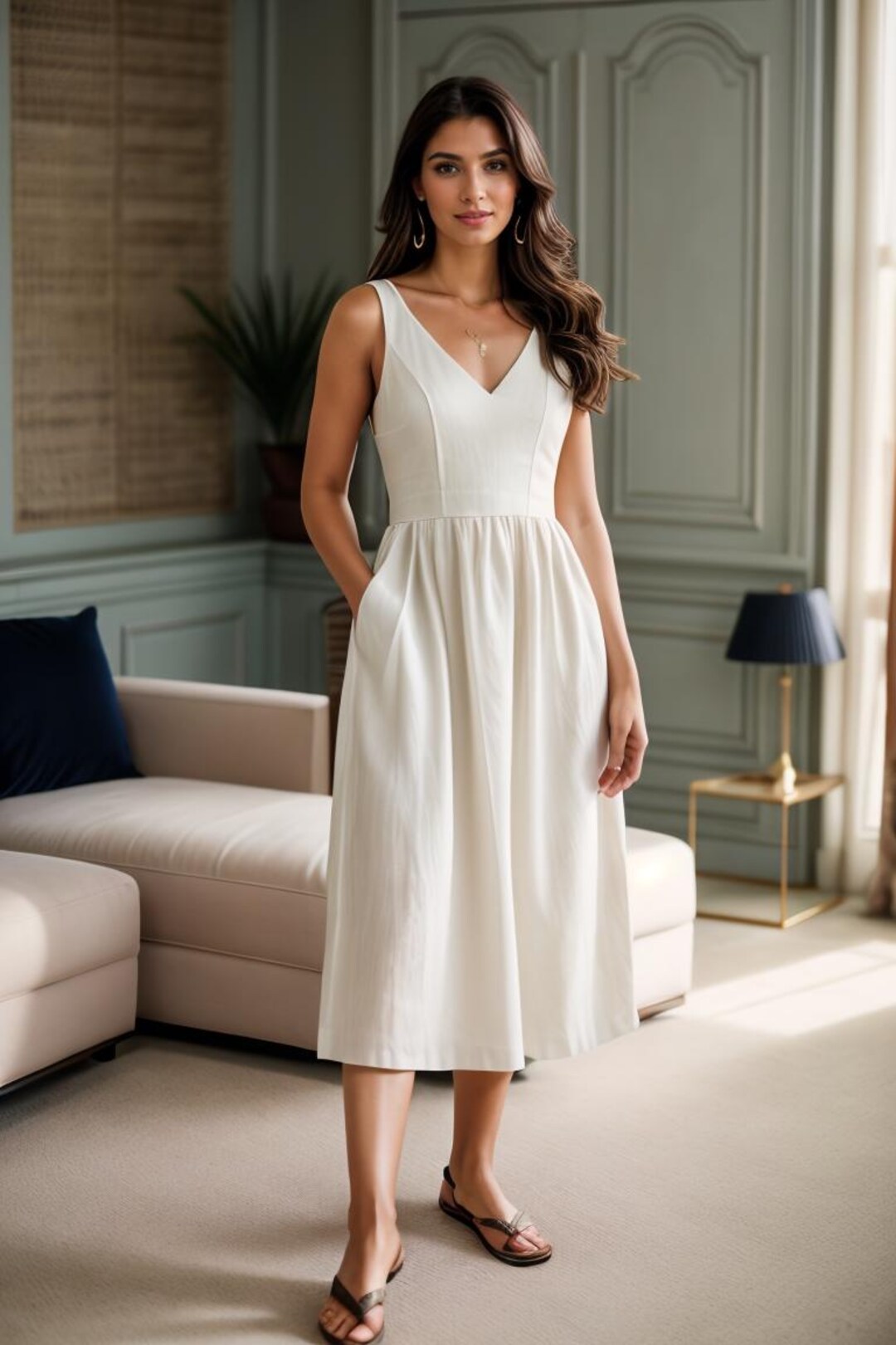 Sleeveless Linen V-neck Midi Dress, Linen Gathered Summer Dress Sewing ...