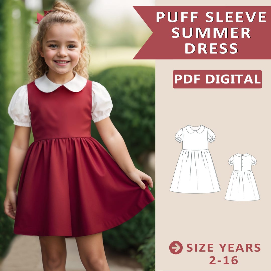Puff Sleeve Summer Dress Sewing Pattern, Seasonal Dress Pattern, Girl's ...