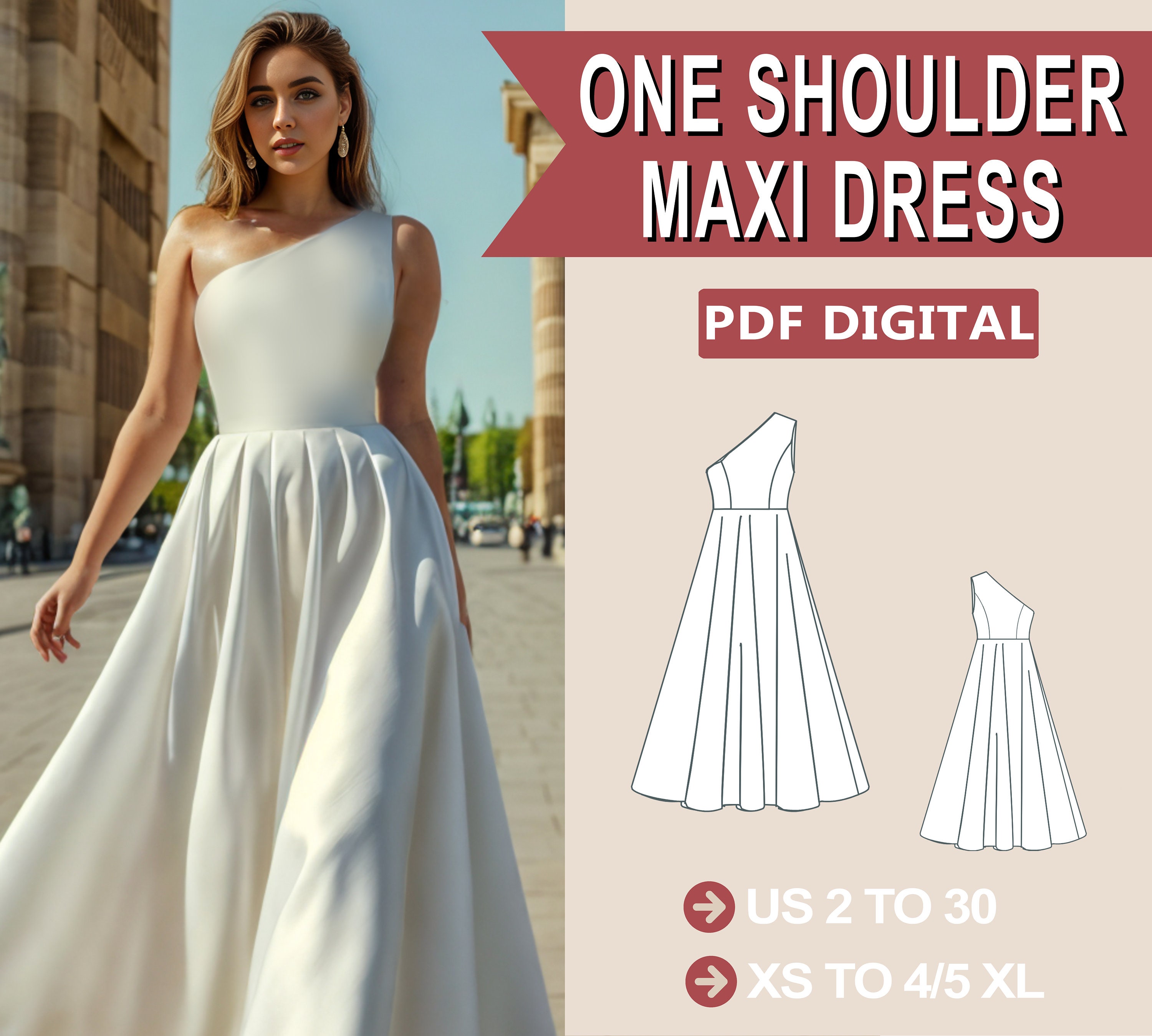One Shoulder Maxi Dress Sewing Pattern | Slit Evening Gown (PDF Pattern ...