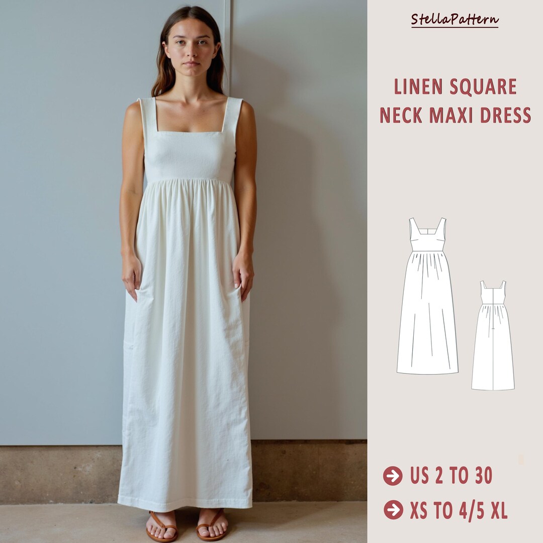 Square Neck Linen Maxi Dress Sewing Pattern, Boho Sundress (sizes US 2 ...