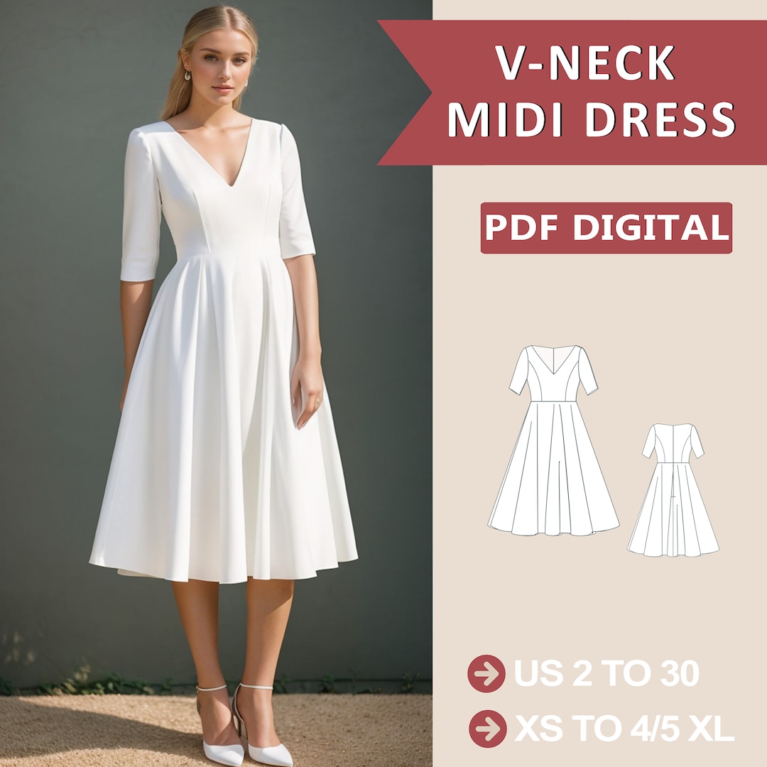 V Neck Midi Summer Dress Sewing Pattern, Easy Dress Pattern, Evening ...