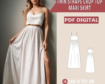 Set Linen Top and Maxi Skirt Sewing Pattern, Linen Gathered Maxi Skirt ...