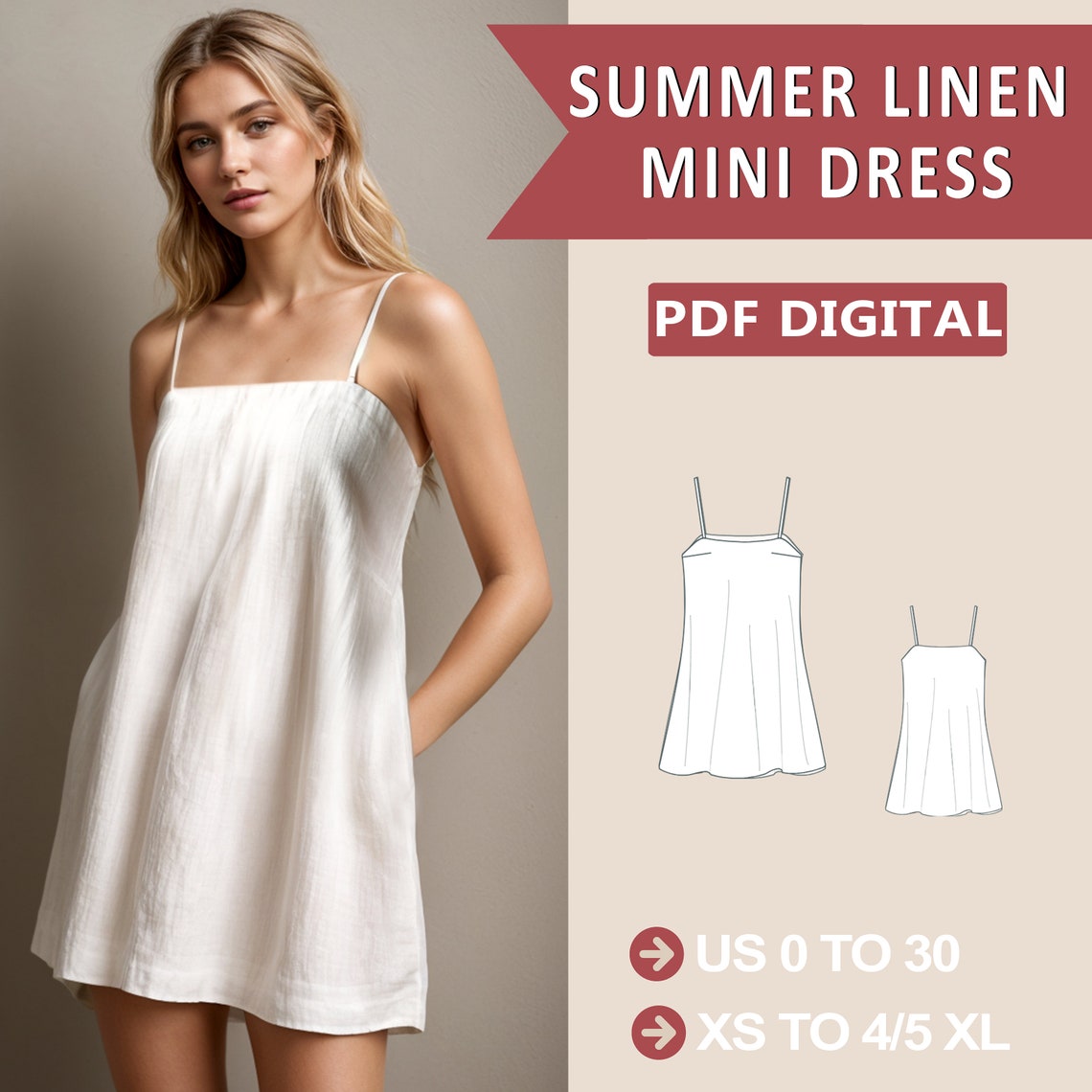 Summer Linen Dress Sewing Pattern, Loose Mini Dress Pattern, Shift ...