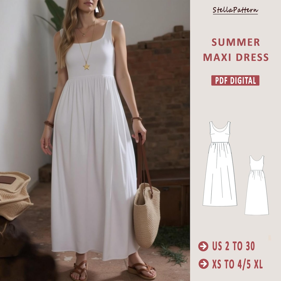 Linen Maxi Dress Sewing Pattern: Boho Sleeveless Sundress (size XS-5XL ...
