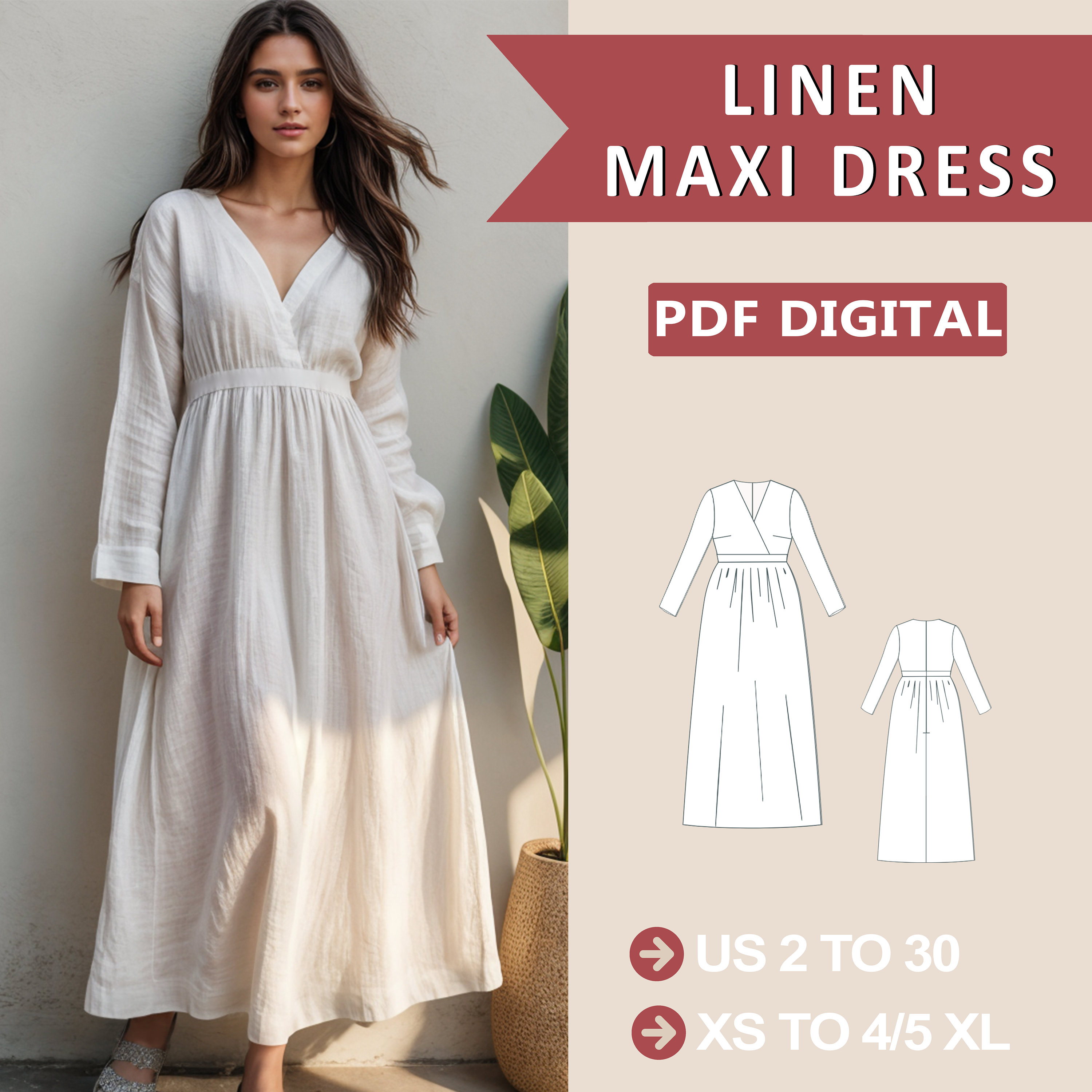 Long Sleeve Linen Maxi Dress, Linen Gathered Summer Dress Sewing ...