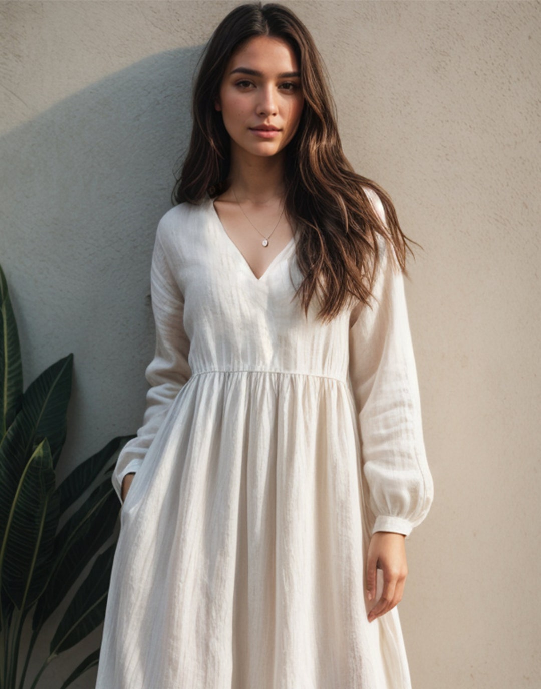 V-neck Puff Sleeve Linen Maxi Dress, Linen Gathered Summer Dress Sewing ...