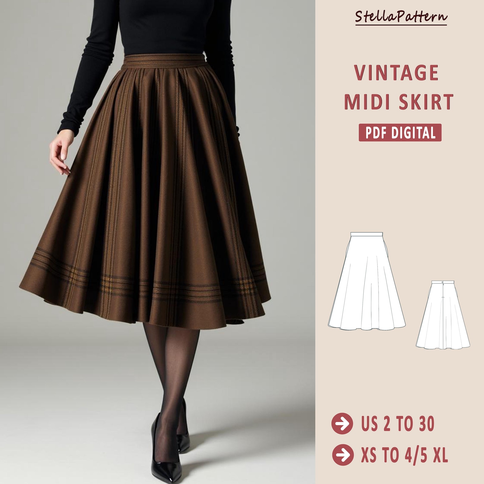 Midi Vintage Skirt Sewing Pattern, Cottagecore Vintage Midi Flare Skirt ...