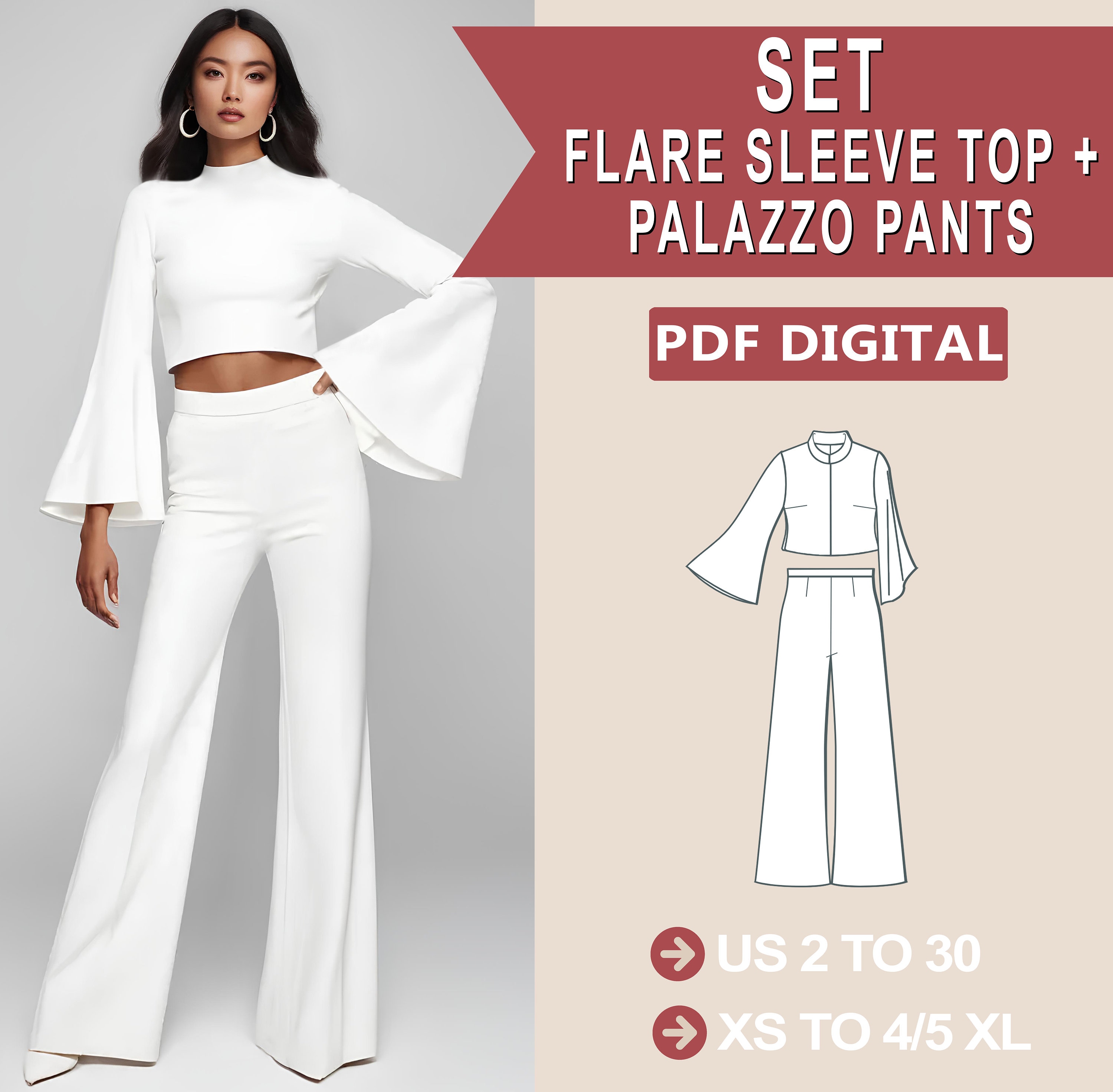Set Flare Sleeve Top and Palazzo Pants, Palazzo Pants Sewing Pattern ...