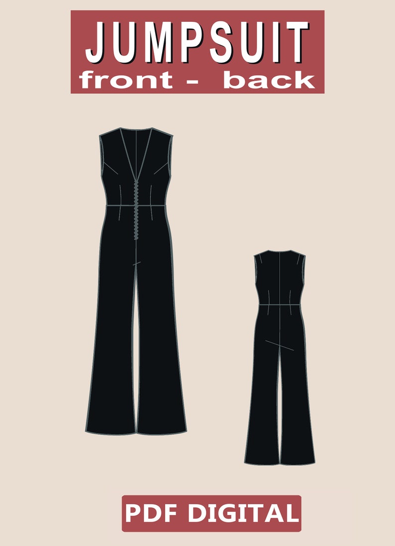 Palazzo Jumpsuit Sewing Pattern: V-neck Wide Leg Dungaree (A4 A0 US, XS ...