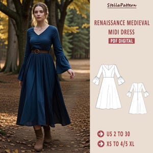 V-neck Medieval Dress Sewing Pattern, Renaissance Cosplay Pattern ...