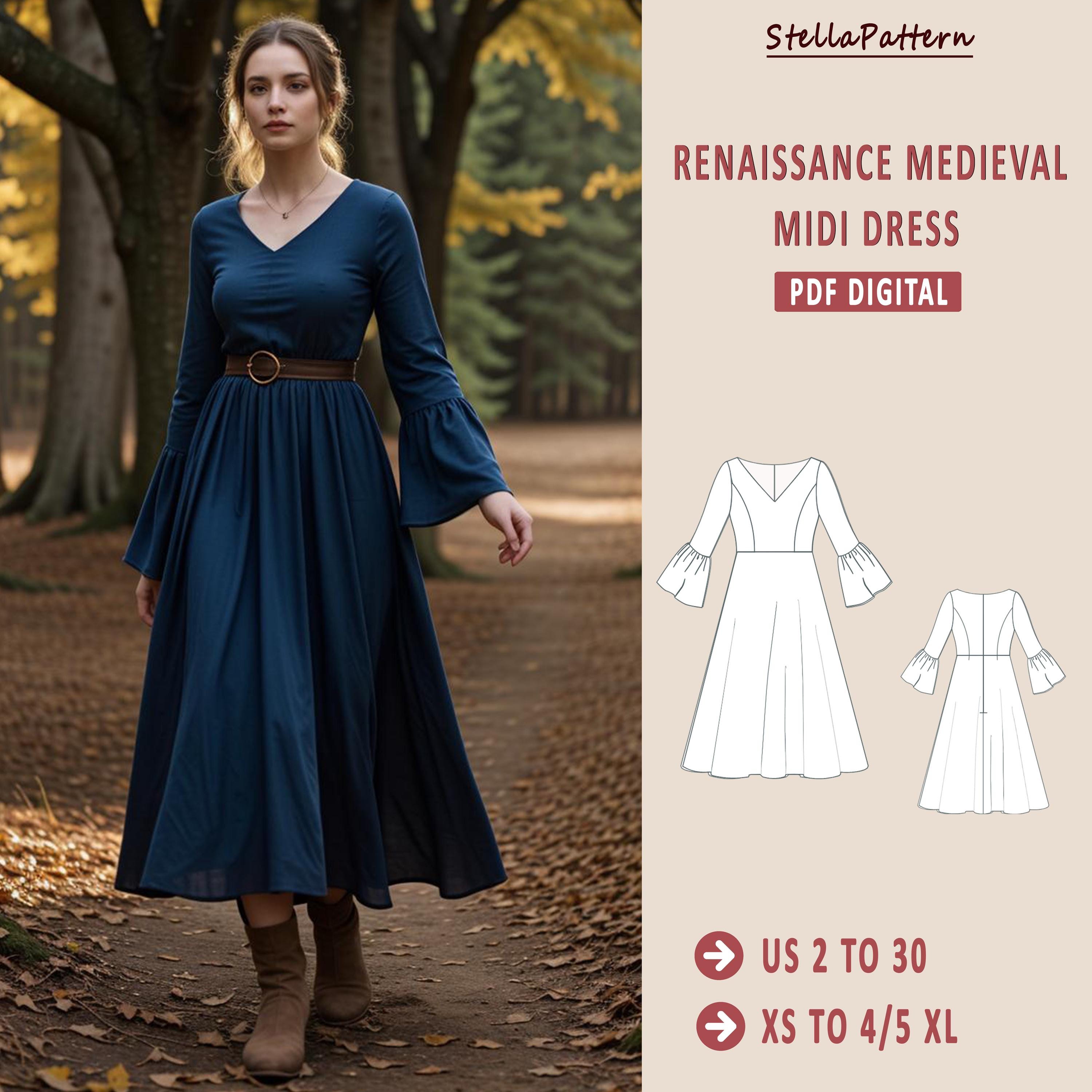V-neck Medieval Dress Sewing Pattern, Renaissance Cosplay Pattern ...