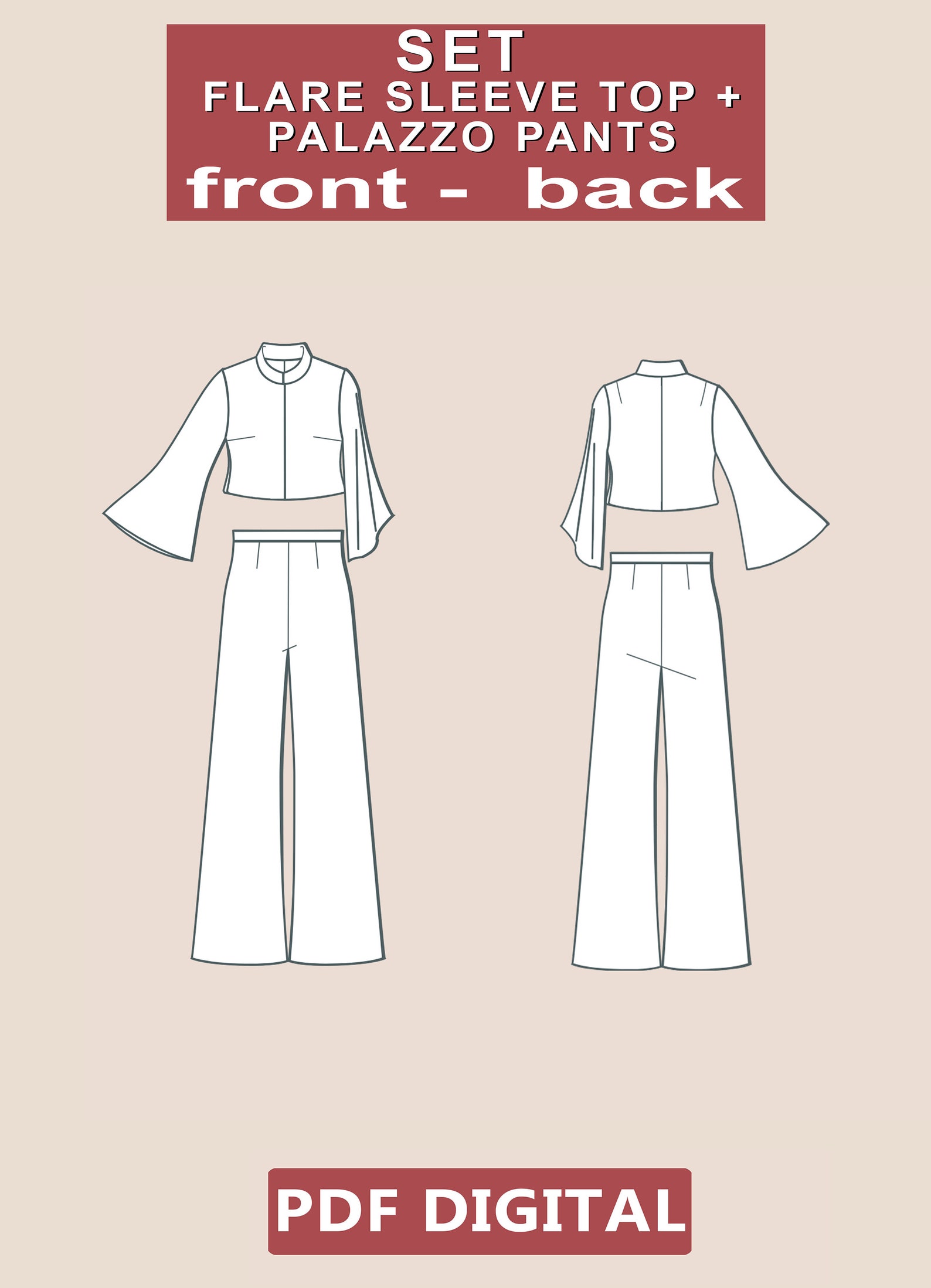 Set Flare Sleeve Top and Palazzo Pants, Palazzo Pants Sewing Pattern ...