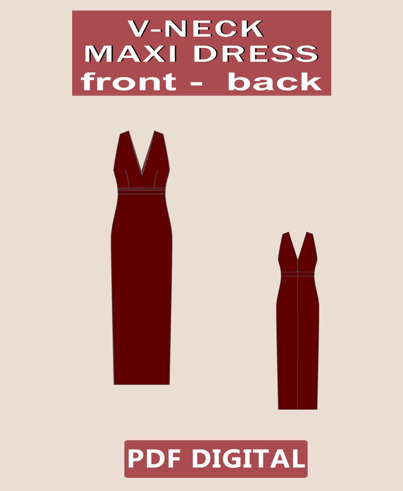 V-neck Bodycon Maxi Dress Sewing Pattern: Evening Gown (US 2-30, XS-4XL ...