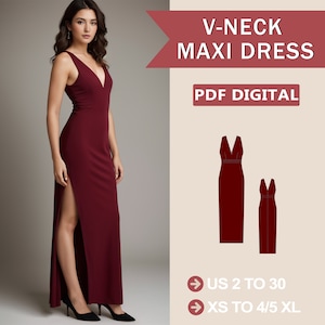 V-neck Bodycon Maxi Dress Sewing Pattern: Evening Gown (US 2-30, XS-4XL ...