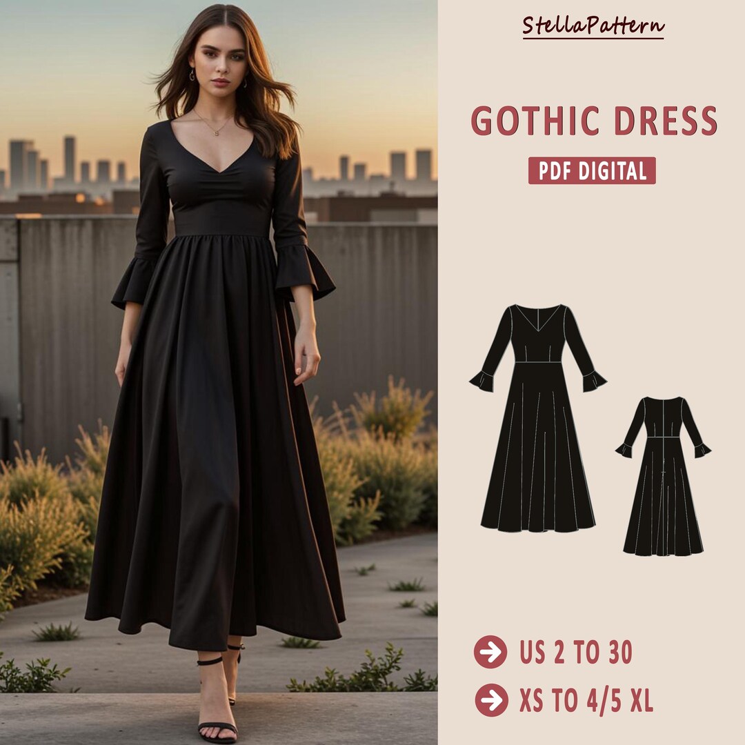 Gothic Style Midi Dress Sewing Pattern, Medieval Cosplay Dress Pattern ...