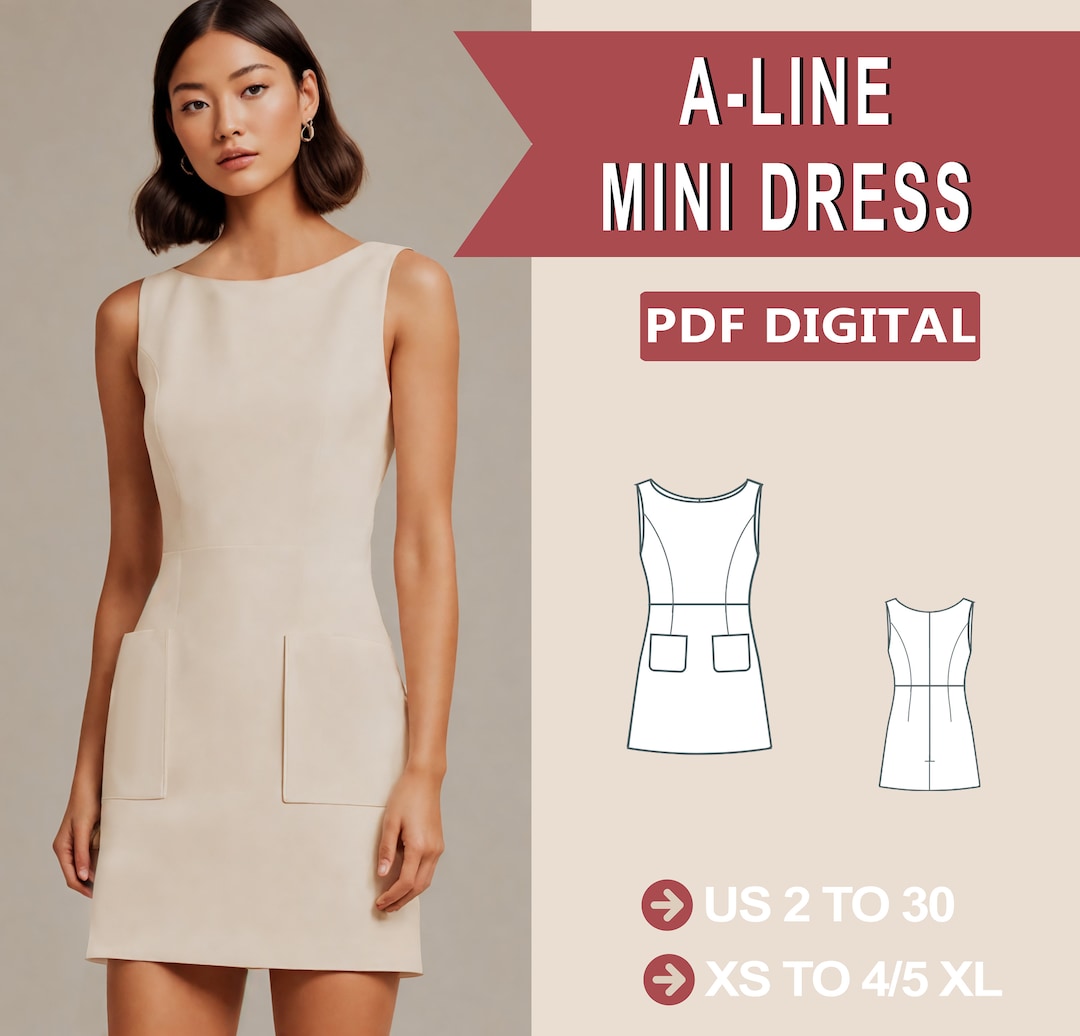 A-line Mini Dress Sewing Pattern, Sleeveless Summer Dress (PDF Pattern ...
